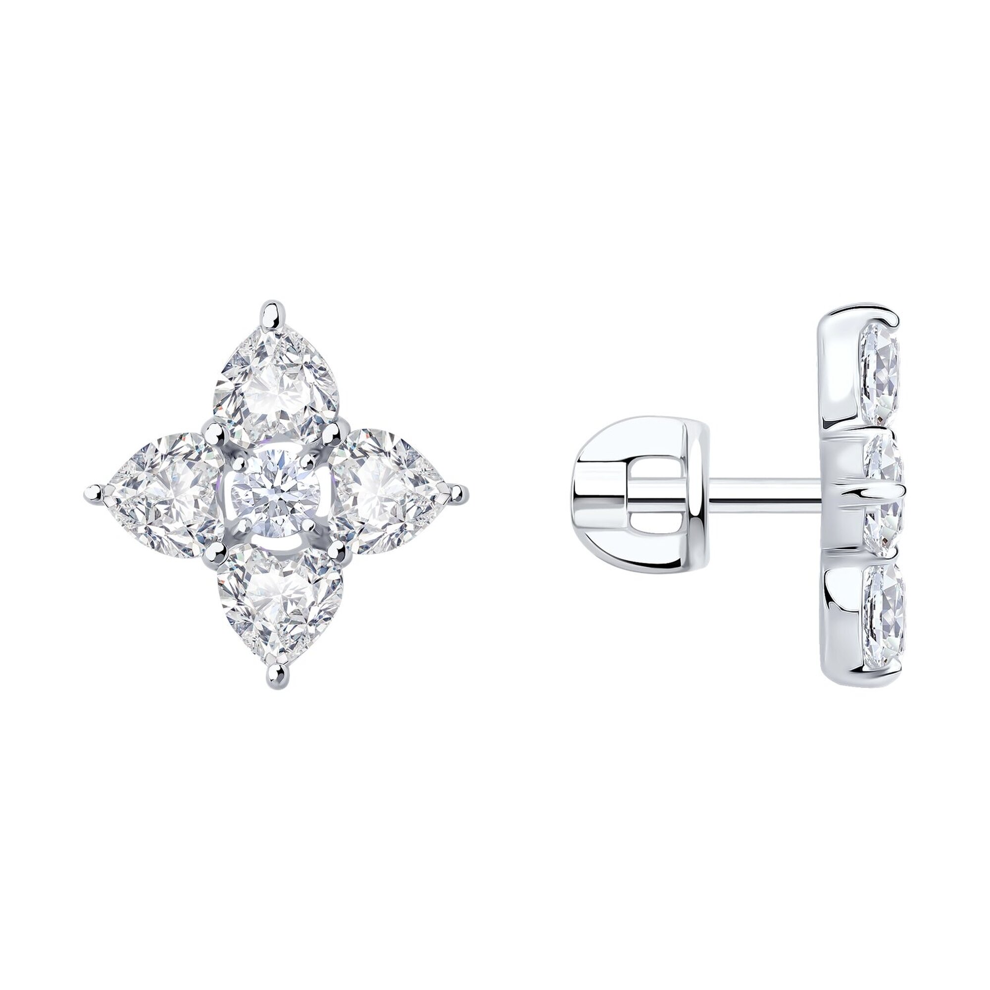 Серьги пусеты, серебро, 925 проба, родирование, фианит