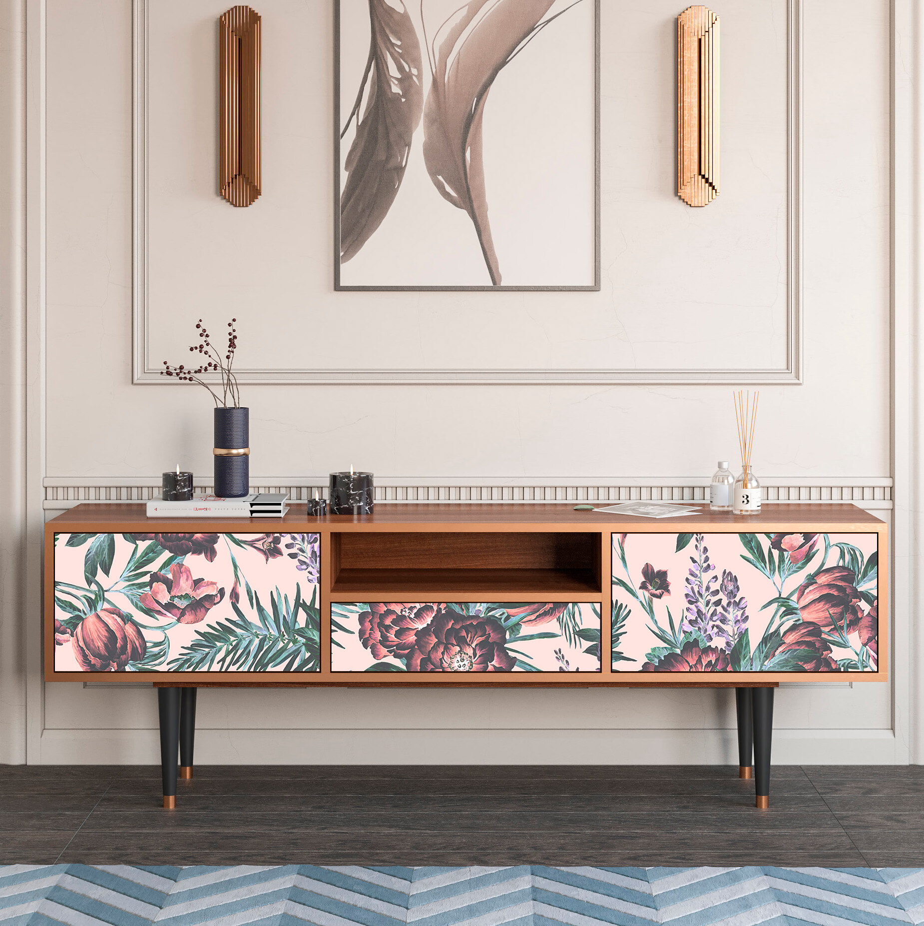 ТВ-Тумба - STORYZ - T6 Peach Peonies, Размер - 170 x 69 x 41 см, Цвет корпуса - , Орех