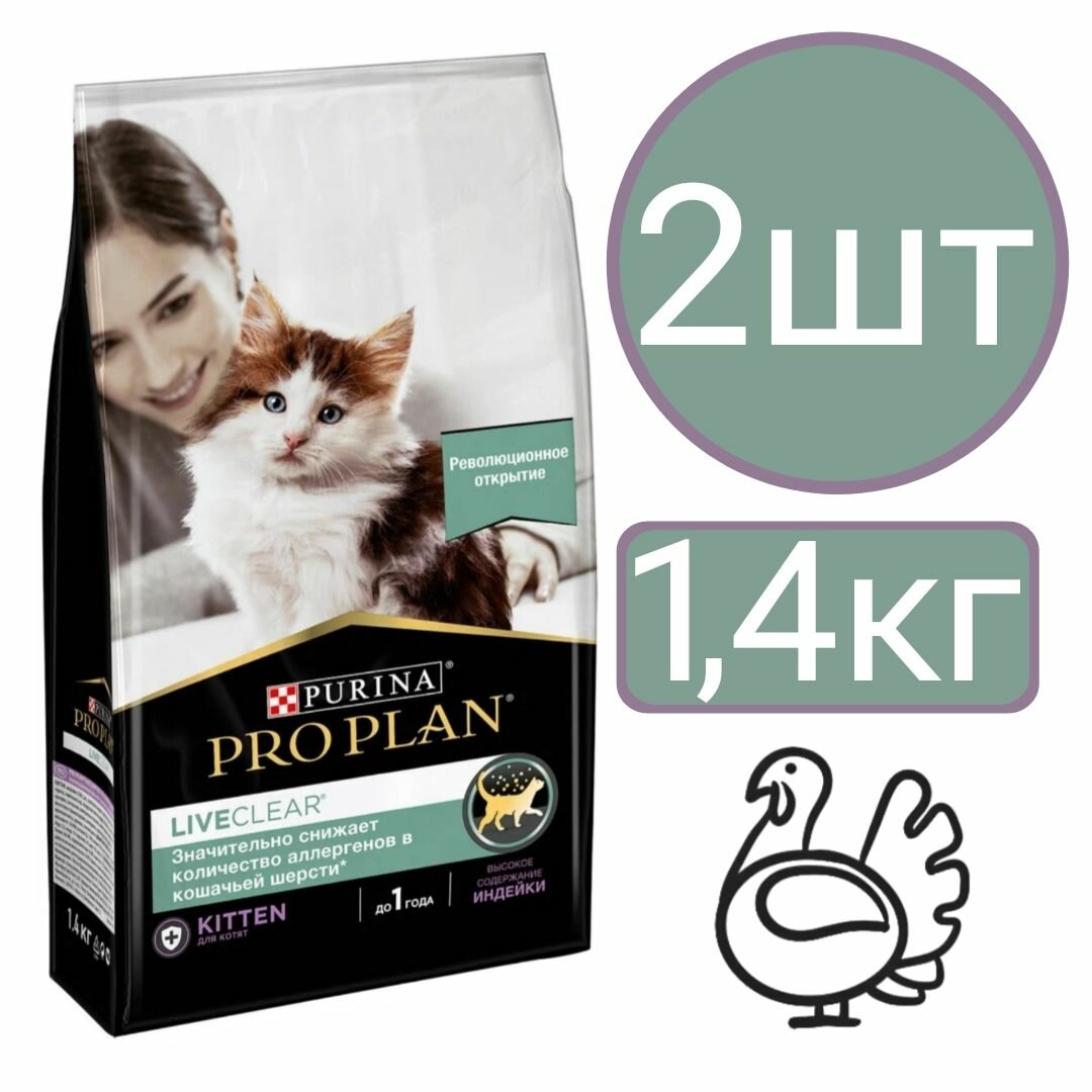 Сухой корм Pro Plan Live Clear Kitten для котят, снижает количество аллергенов в шерсти, со вкусом индейки (2шт по 1,4кг)