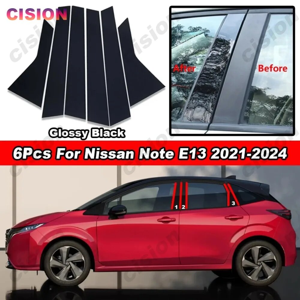 Черный фортепиано, дверь автомобиля, окно, центр, средняя колонна B C, стойки, зеркальный эффект, накладка, наклейка для Nissan Note E13 2021-2024