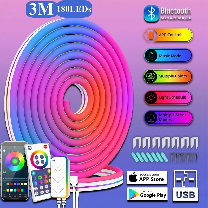 Умная жизнь фото неоновая веревка, 3 м 180 светодиодов, Светодиодная лента из силикона с питанием от USB, RGBIC, Гибкая лента с управлением через приложение IP67 для самостоятельного стайлинга