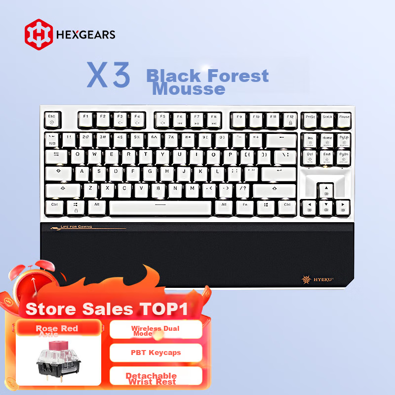 Hyeku X3 Wired/wireless 2.4G Dual-Mode Mechanical Keyboard, 87 Keys, PBT Keycaps, Kailh BOX New Switch, Black Forest Mousse, Rose Red Switch, with Clip Wrist Rest