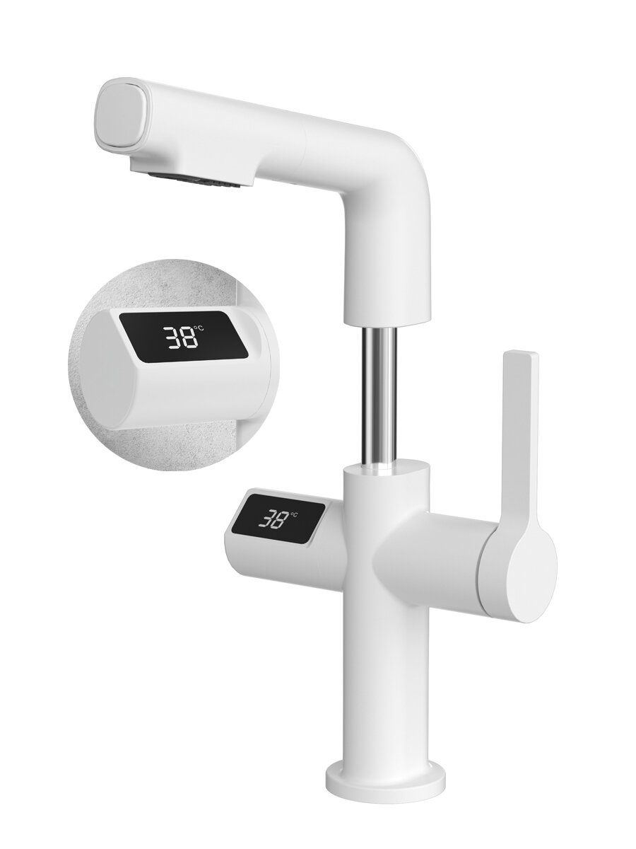 Смеситель для раковины SQ-HX03W с выдвижной лейкой 2 режима, дисплеем температуры, белое