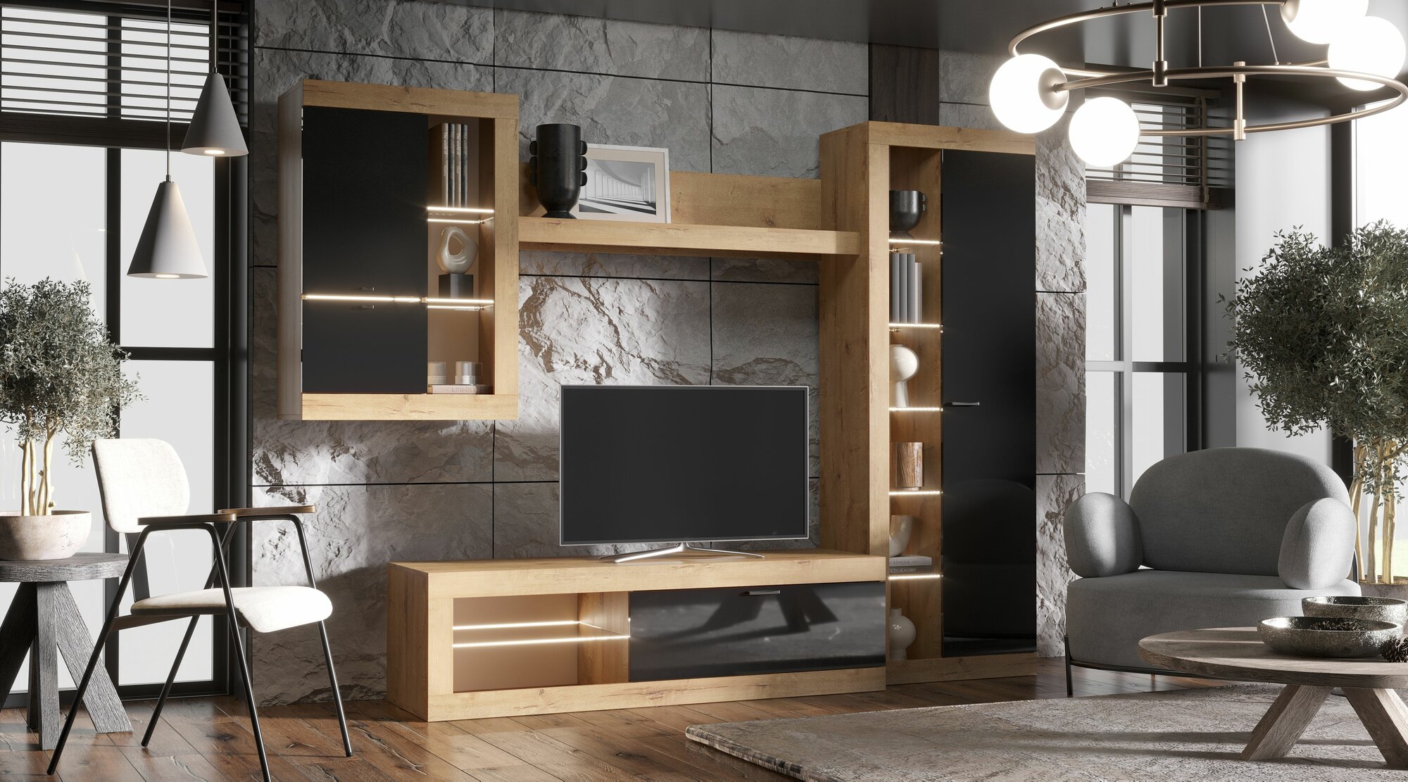 Комплект мебели для гостиной Прага с подсветкой (комп 6) Дуб Вотан/Черный глянец