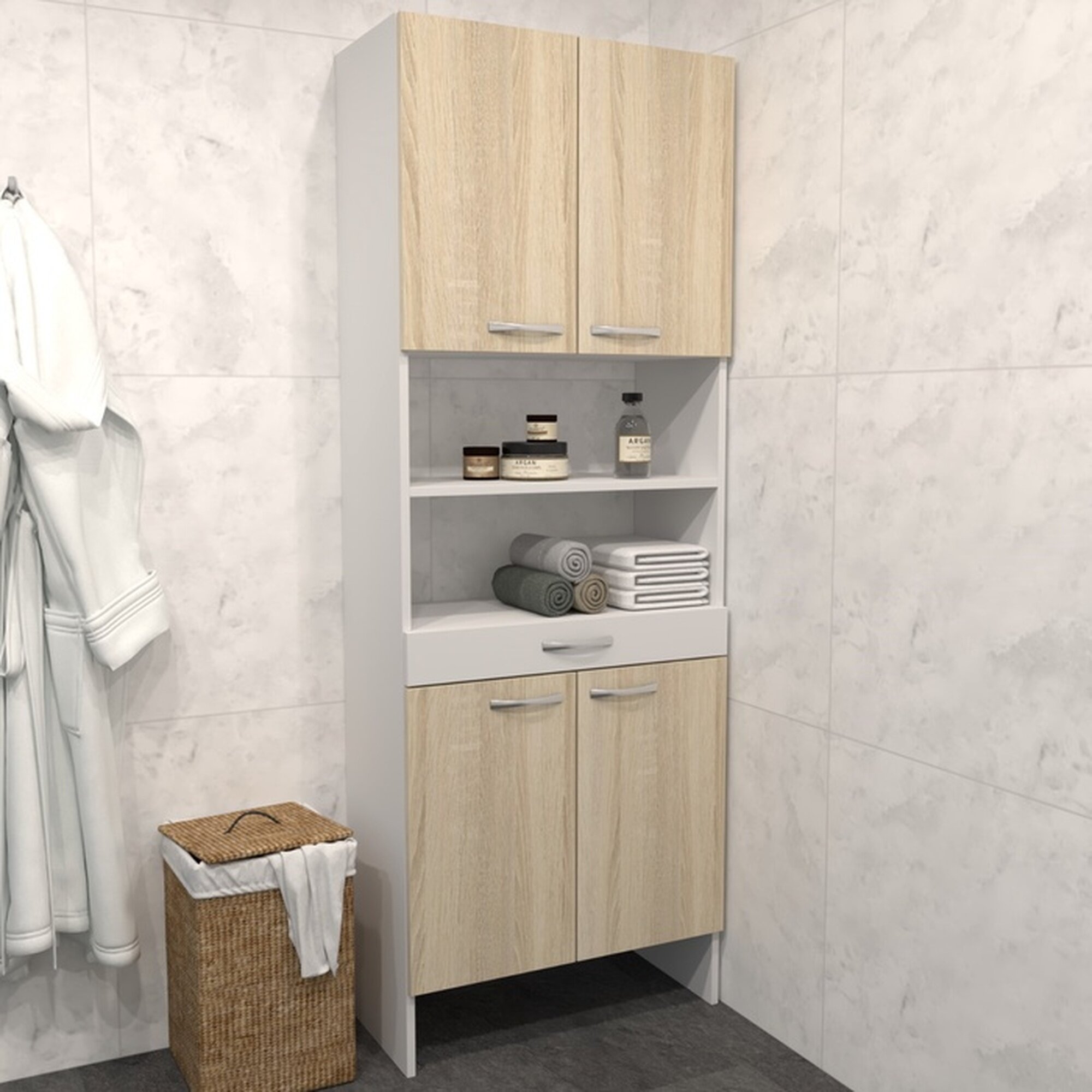 Шкаф - пенал для ванной комнаты, Белый/Дуб сонома, 65×30×185 см