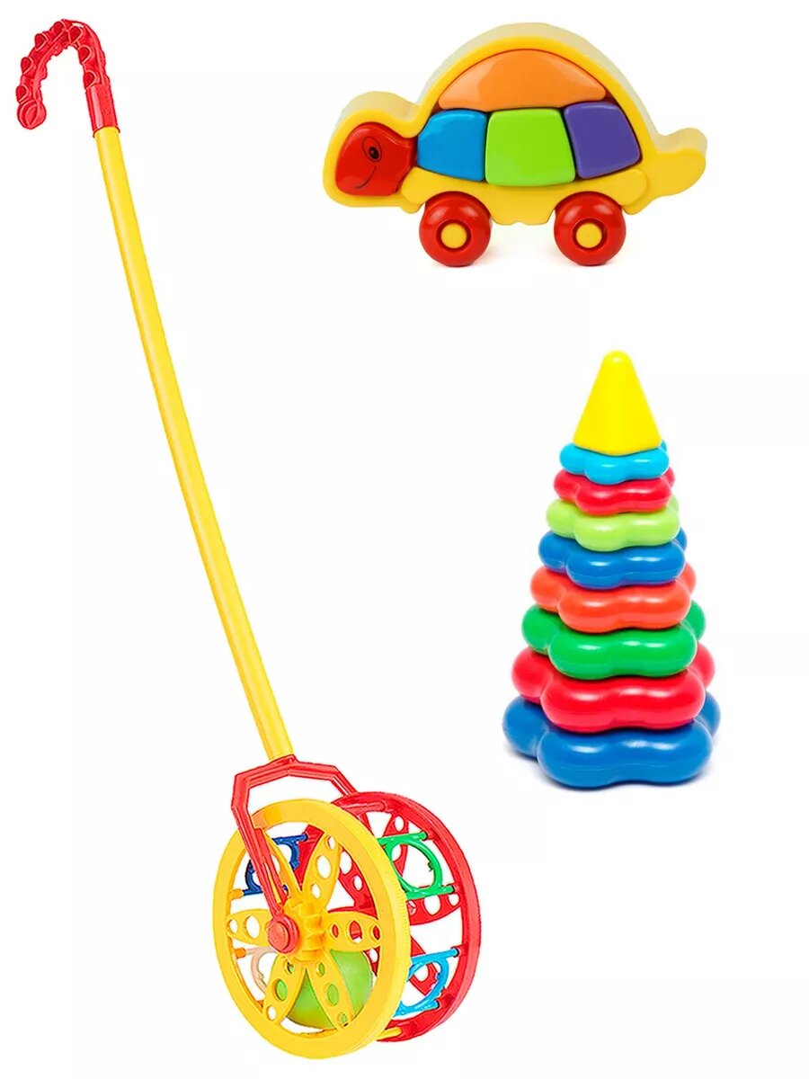Каталка "Колесо"+Сортер черепашка+Пирамида детская большая