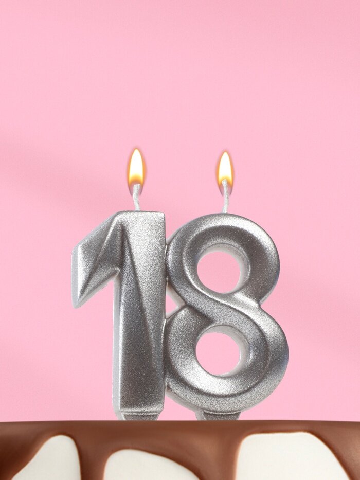 Свеча в торт Грань, цифра 18, серебро, 2 шт.