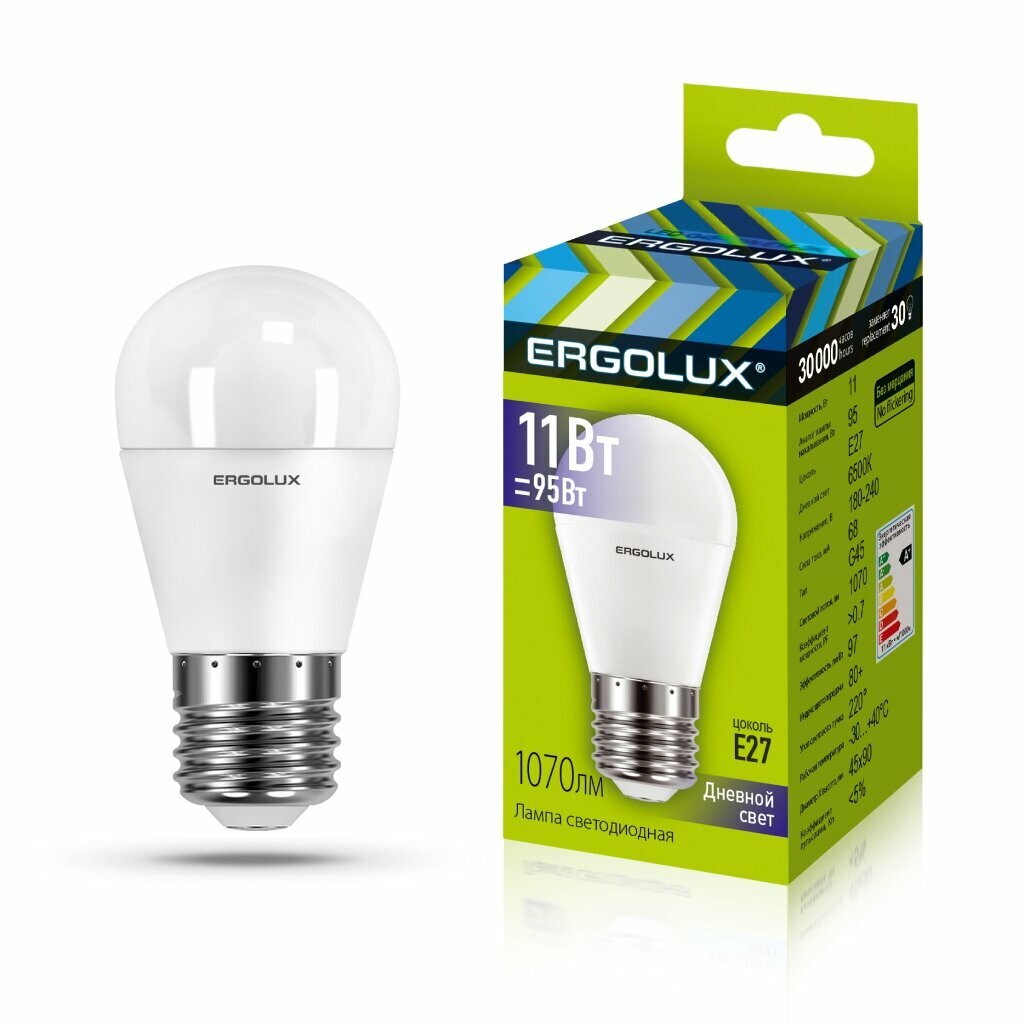 Лампа светодиодная E27, 11 Вт, 95 Вт, шар, 6500 К, свет дневной, Ergolux