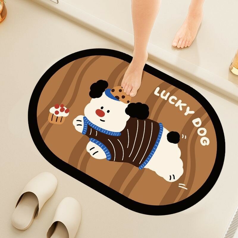 Cute cartoon striped cake puppy pattern mat with antislip silicone dihydrate for bathroom and entrance brown dog 60x90cm