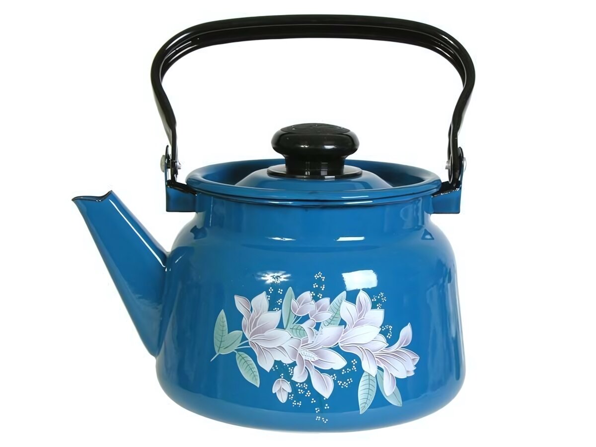 Чайник эмалированный 2,3л, сталь, рисунок васильковый, синий цвет