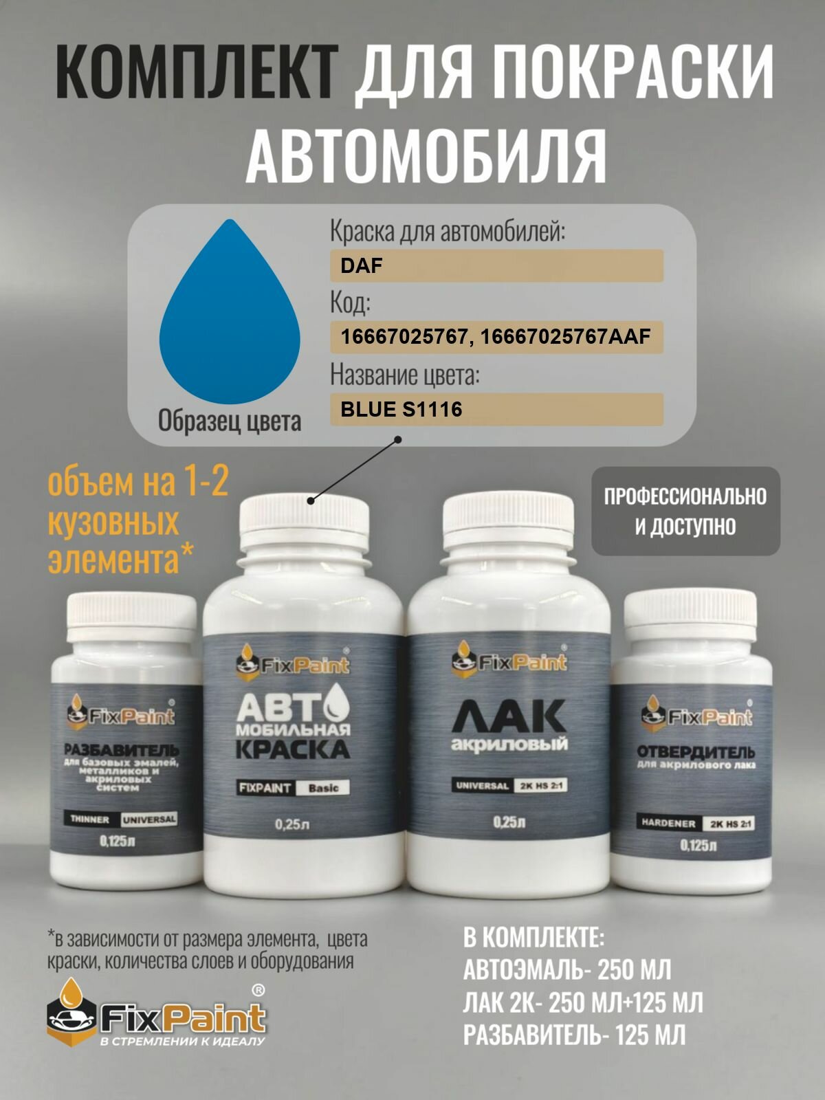 Комплект для покраски DAF, код 16667025767, 16667025767AAF, BLUE S1116, базовая автомобильная эмаль 250 мл, лак 2K 250 мл с отвердителем, разбавитель 125 мл, FixPaint Pro