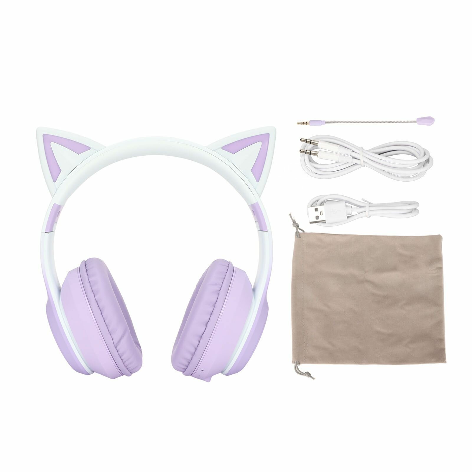 Наушники кошачьи ушки Bluetooth игровые беспроводные складные музыкальные наушники со светодиодной подсветкой съемный микрофон 3,5 мм кабель фиолетовый