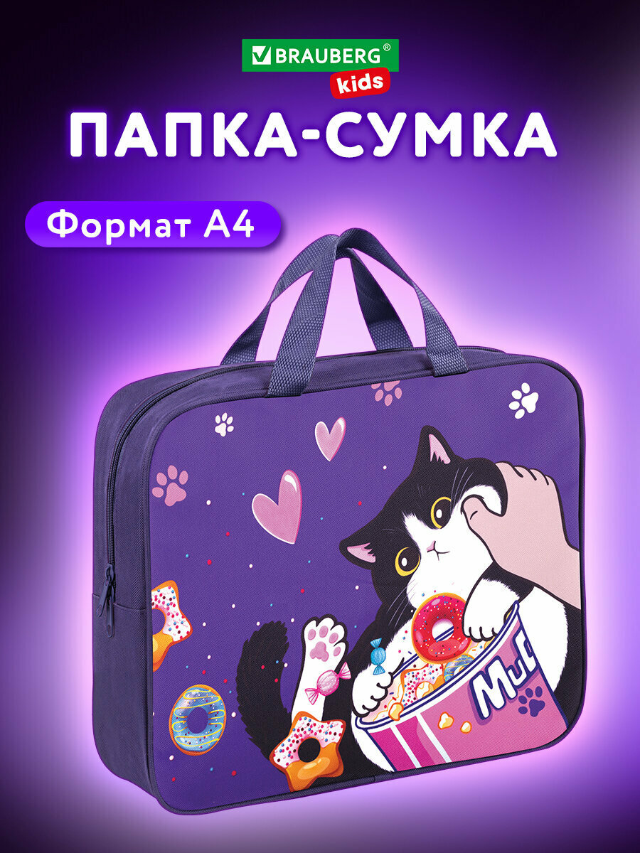 Папка на молнии с ручками Brauberg Kids А4, 1 отделение, полиэстер, 80мм, Sweet cheeks, 272120
