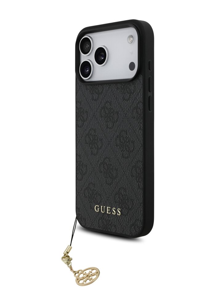 Guess чехол с MagSafe для iPhone 17 Pro, PU кожа с принтом 4G, с подвеской, черный