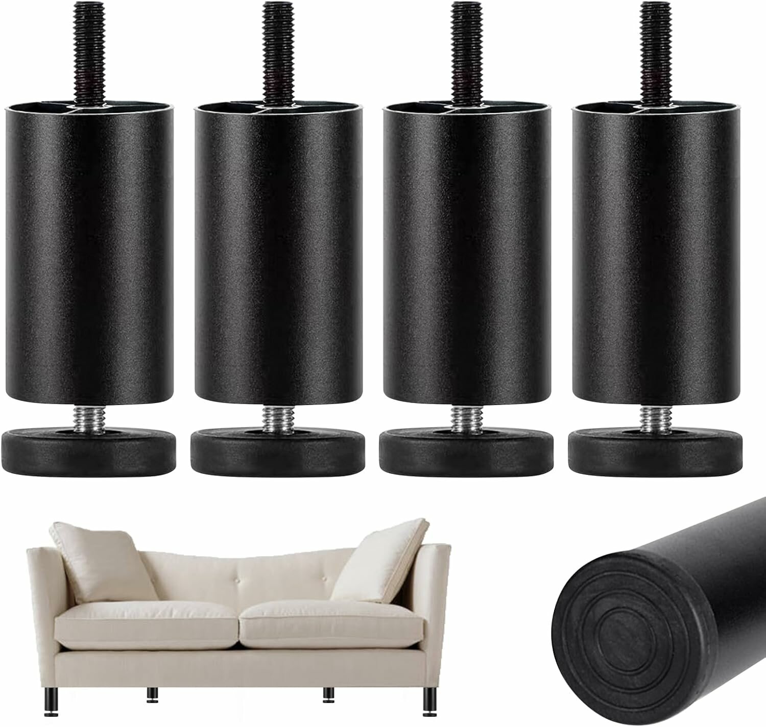 Опоры для мебели регулируемые из алюминия 4 дюйма, резьба M8 x 35 (8мм метрическая), черные, цилиндрические, размер 10 x 3.8 см, для дивана, стола, кресла, кровати, 1 шт