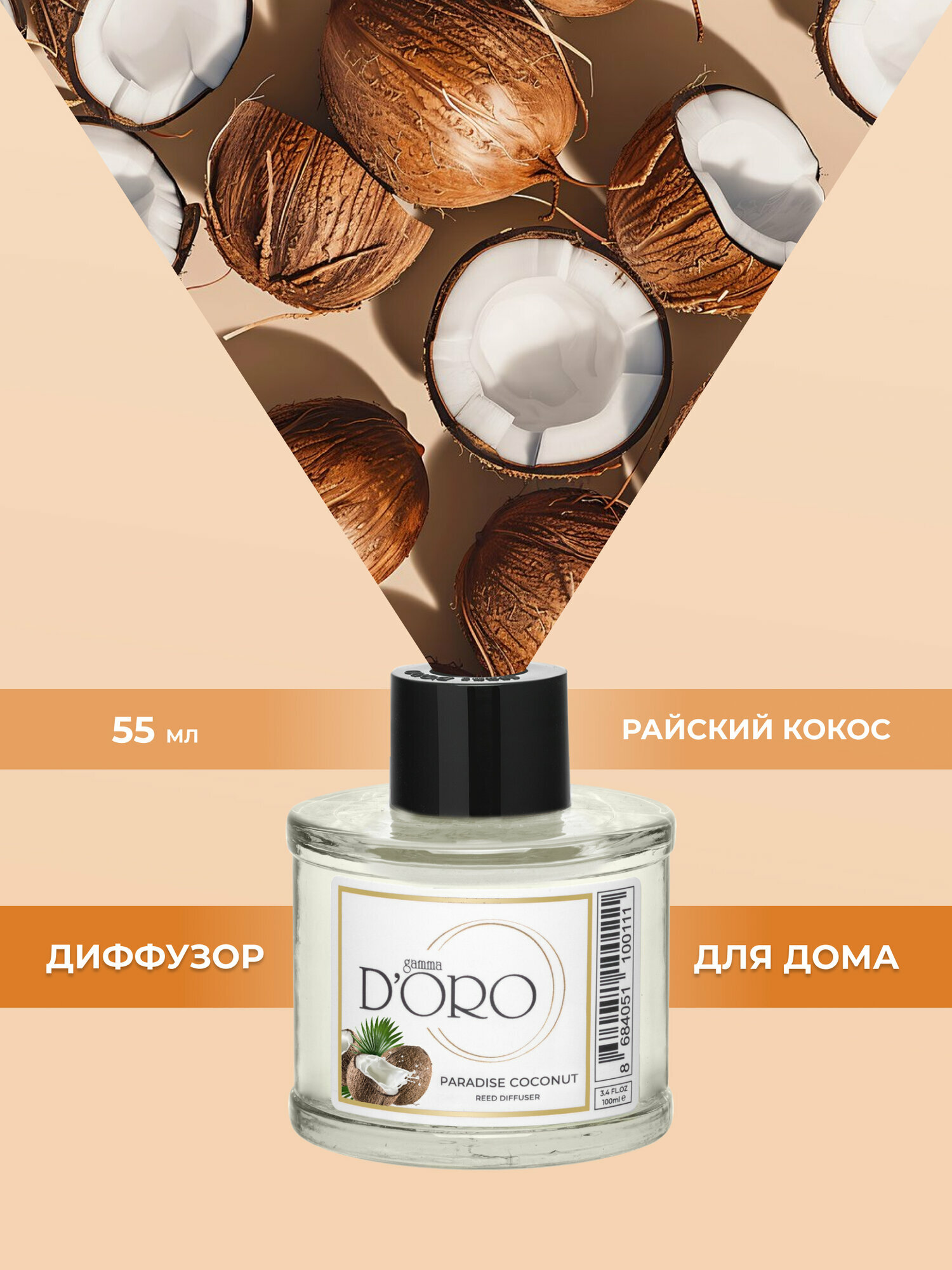 Ароматический диффузор для дома с палочками GAMMA D’ORO Райский кокос 55 мл