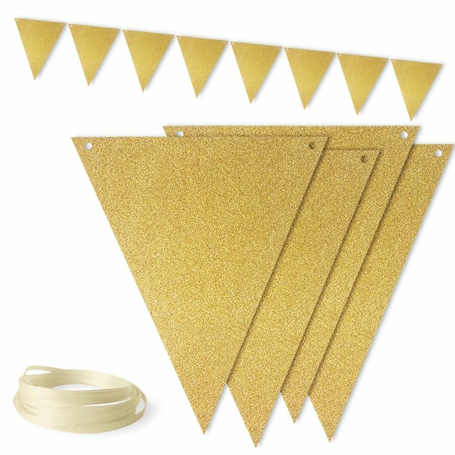 Гирлянда флажки, Золото, с блестками, 300см