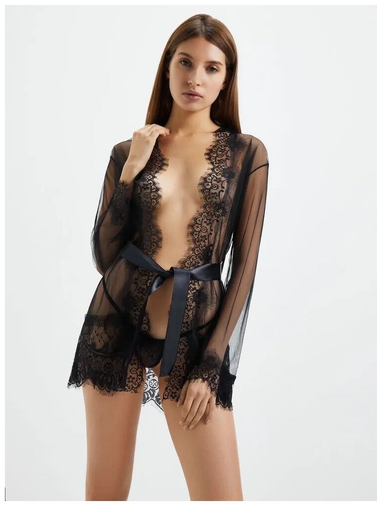 Пеньюар , домашний, эротический, черный, с кружевами, 42 р-р. Сексуальная пижама из прозрачного кружева