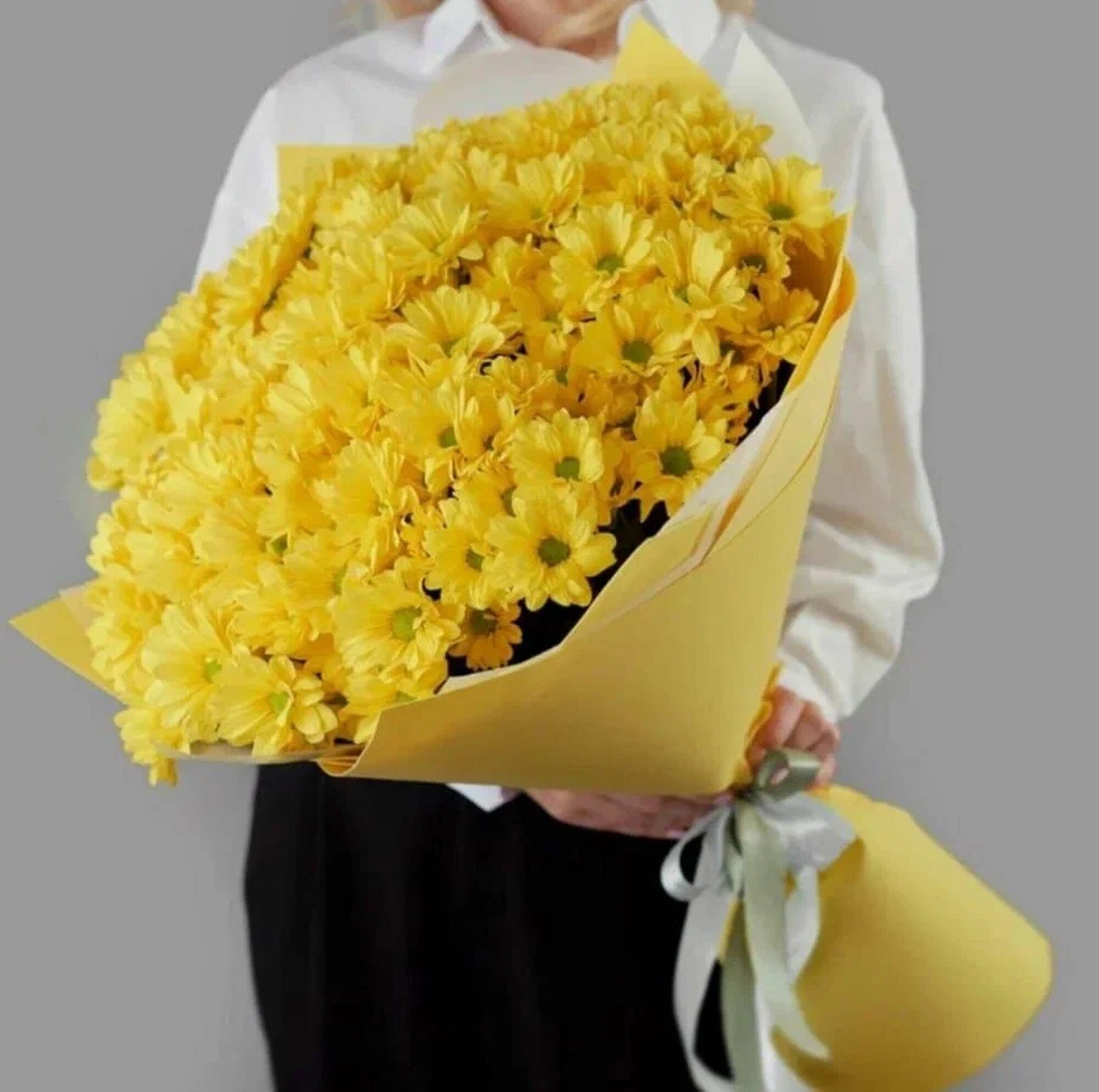 Монобукет ShokoFlowers, хризантемы кустовые, 51 цветок, оформление бантом и бумагой тишью