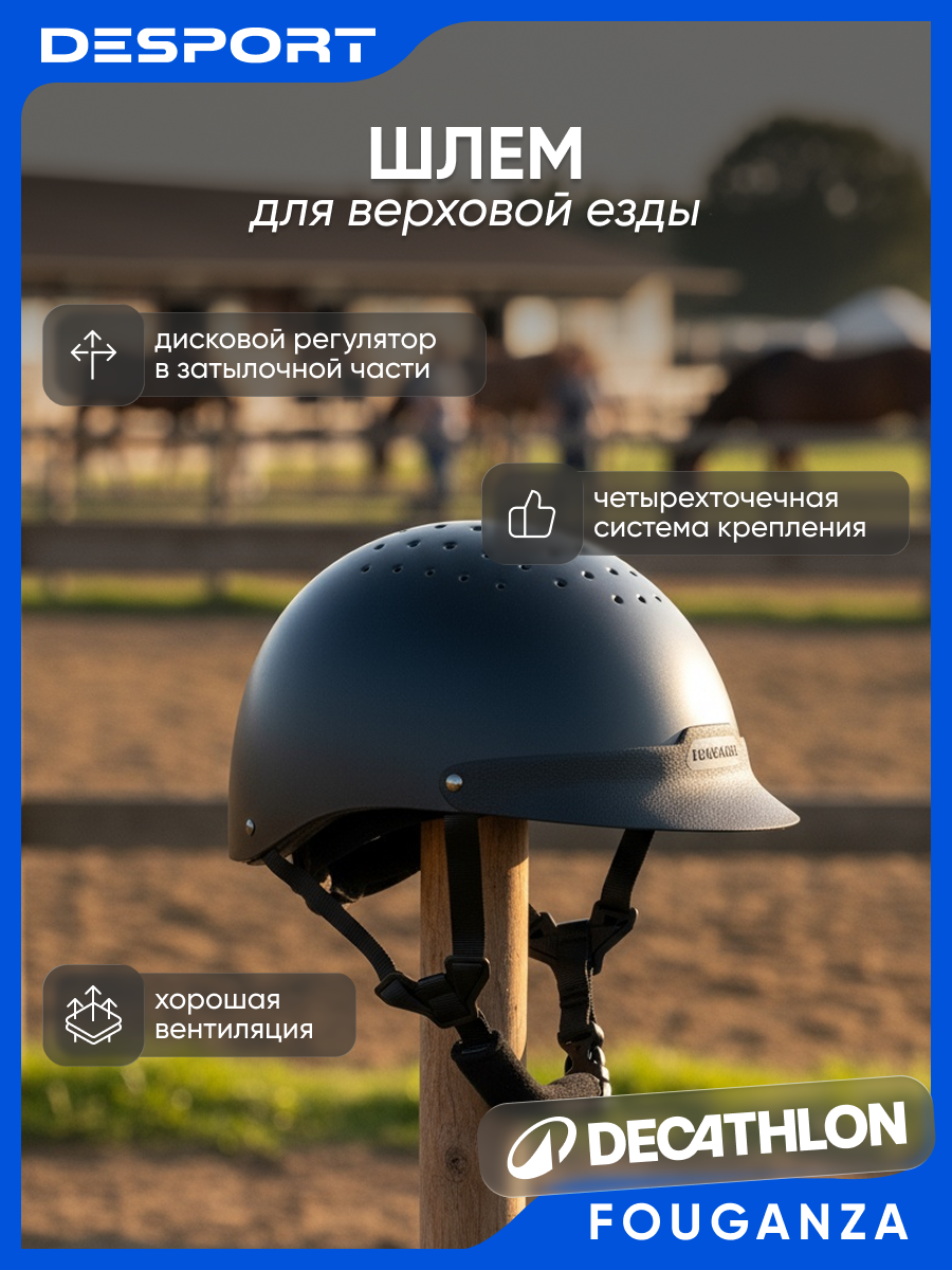 Шлем для верховой езды взрослый чёрный Fouganza, 52-55 размер