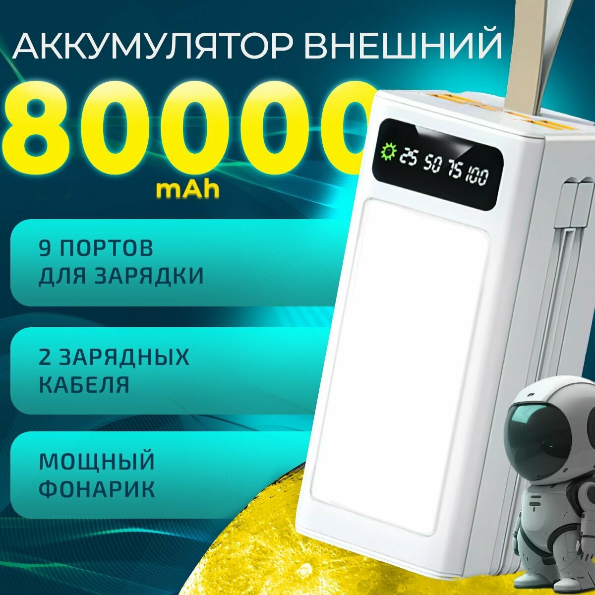 Повербанк 80000mAh с фонарём пауэрбанк power bank павербанк белый