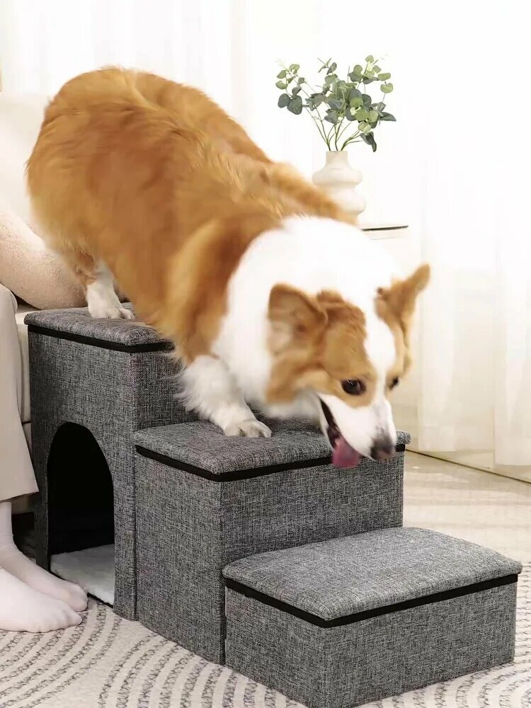 Лесенка для собак прикроватная складная с домиком и боксами для хранения