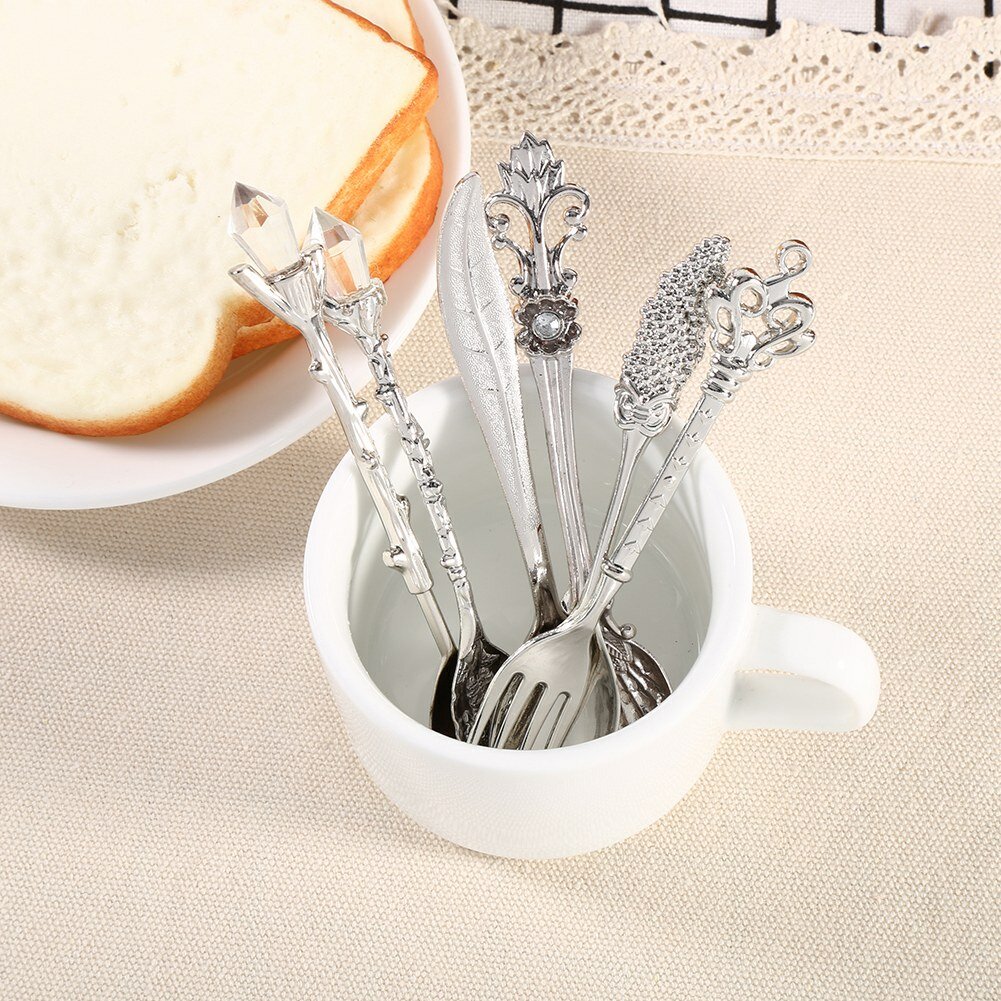 6Pcs/Set Vintage Royal Style Metal Mini Coffee Spoons and Fork Kitchen Fruit Accessories Silver