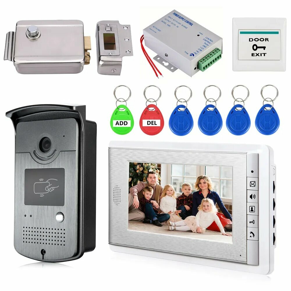 7" монитор видеодомофона, алюминиевая камера, электрозамок, блок питания, выход через дверь, идентификационные брелоки для квартиры и частного дома