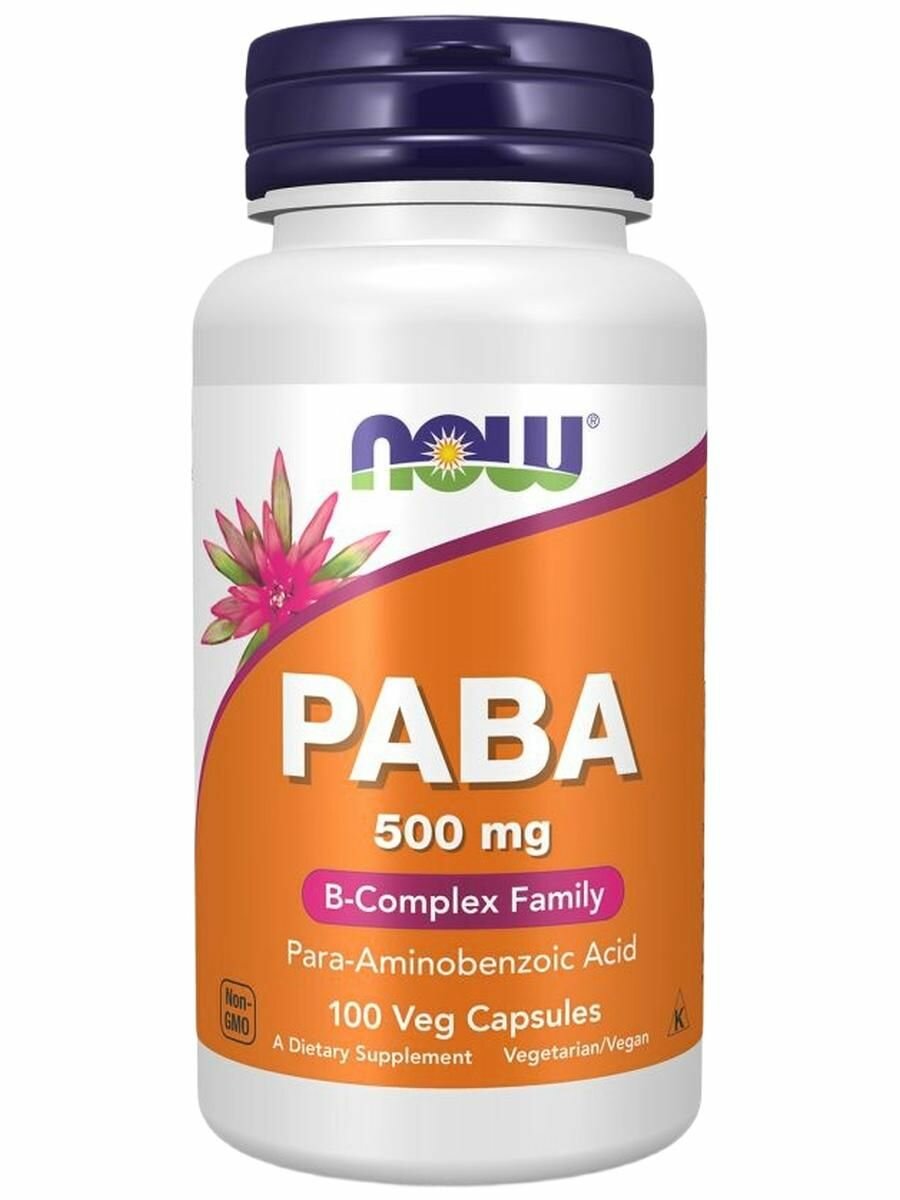 NOW PABA Парааминобензойная кислота (ПАБK) Витамин В10 500 мг 100 капсул (668 мг)