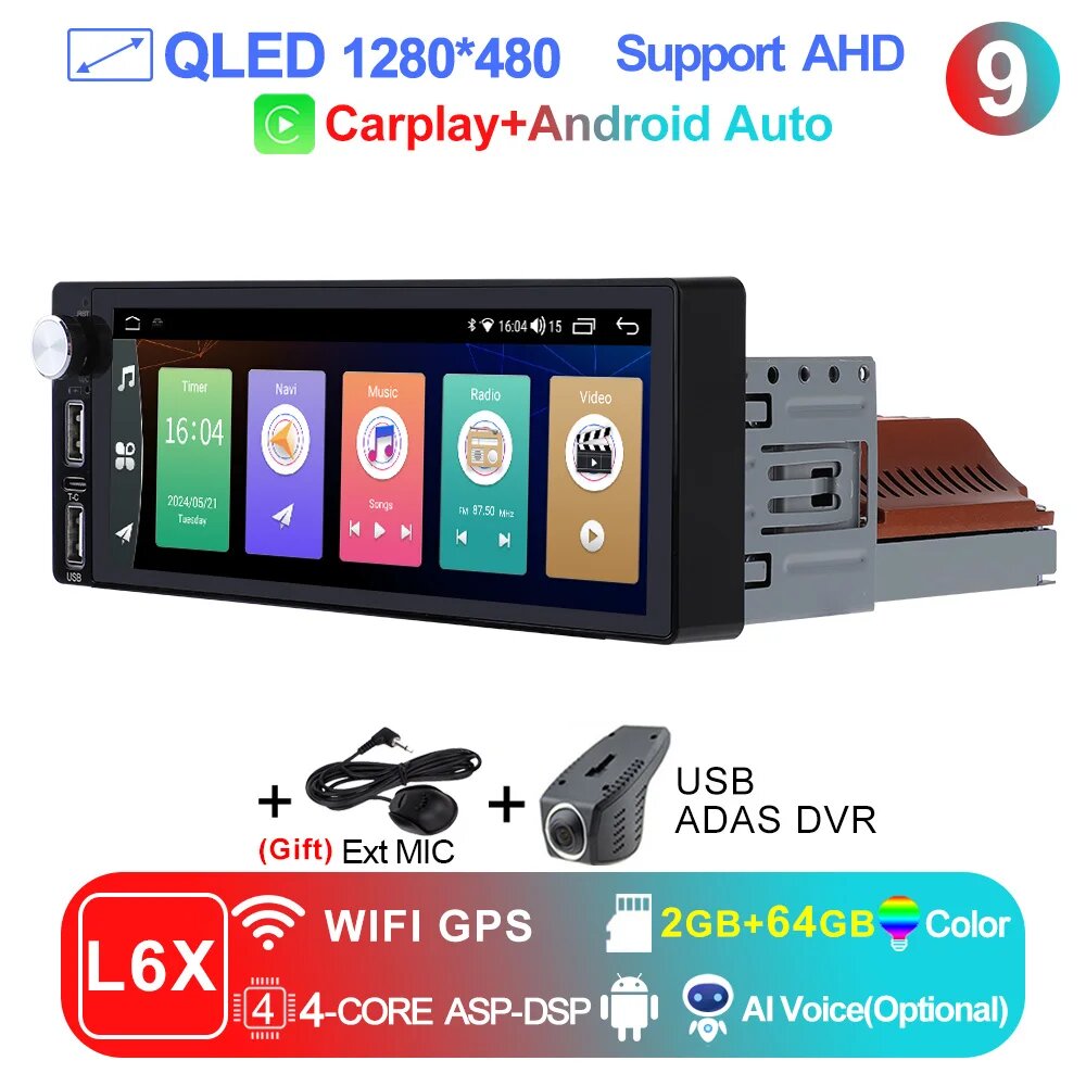 LEHX L6Pro 1 Din 6,9-дюймовый автомобильный Android-радио Мультимедиа Беспроводной L6X(2-64GB)DVR