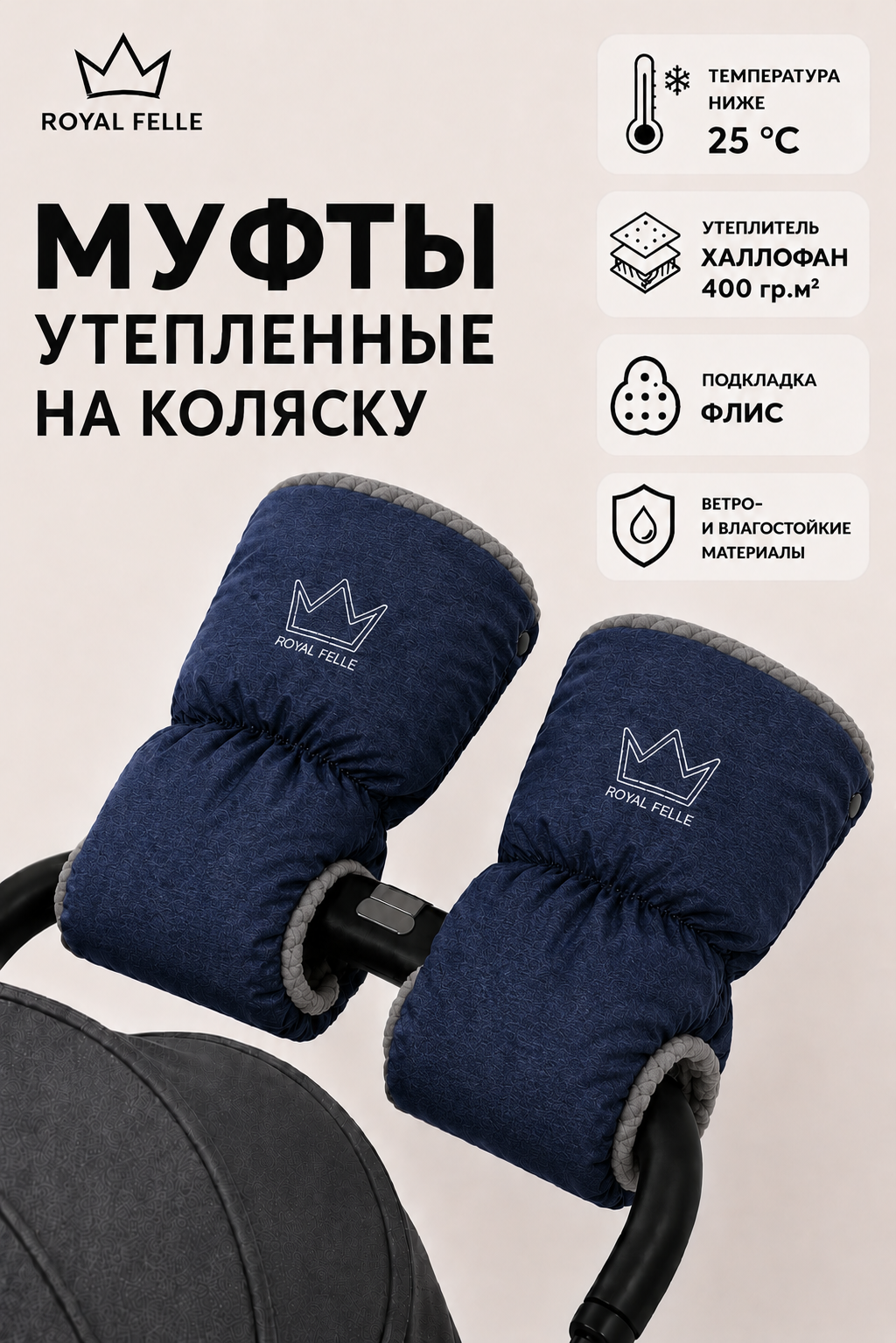 Муфты варежки для рук на коляску для коляски Royal Felle Hand Warmer Blue Melange тёплые зимние флисовые на кнопках