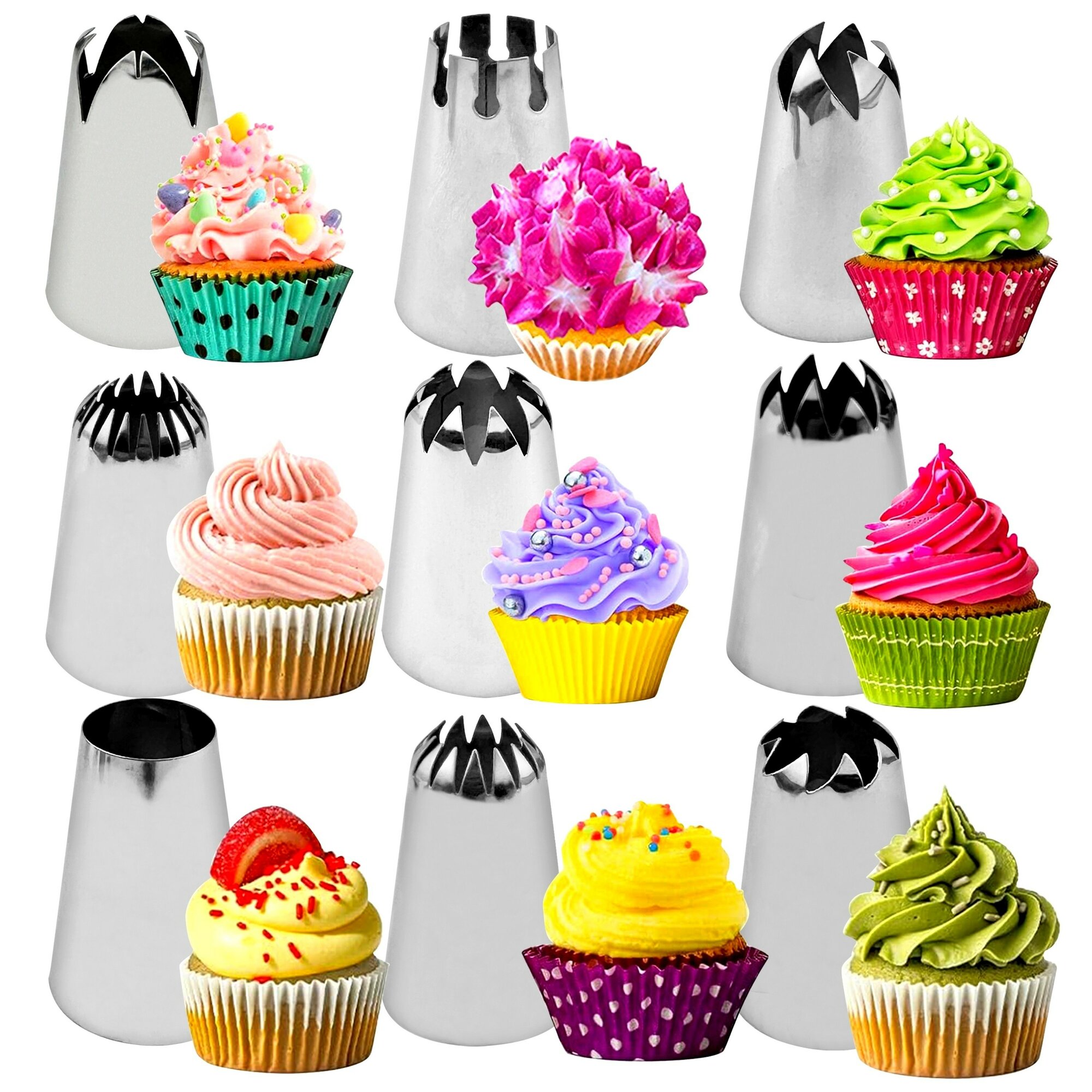 Набор из 9 крупных кондитерских насадок из нержавеющей стали для украшения тортов, макарон и вафельных рожков