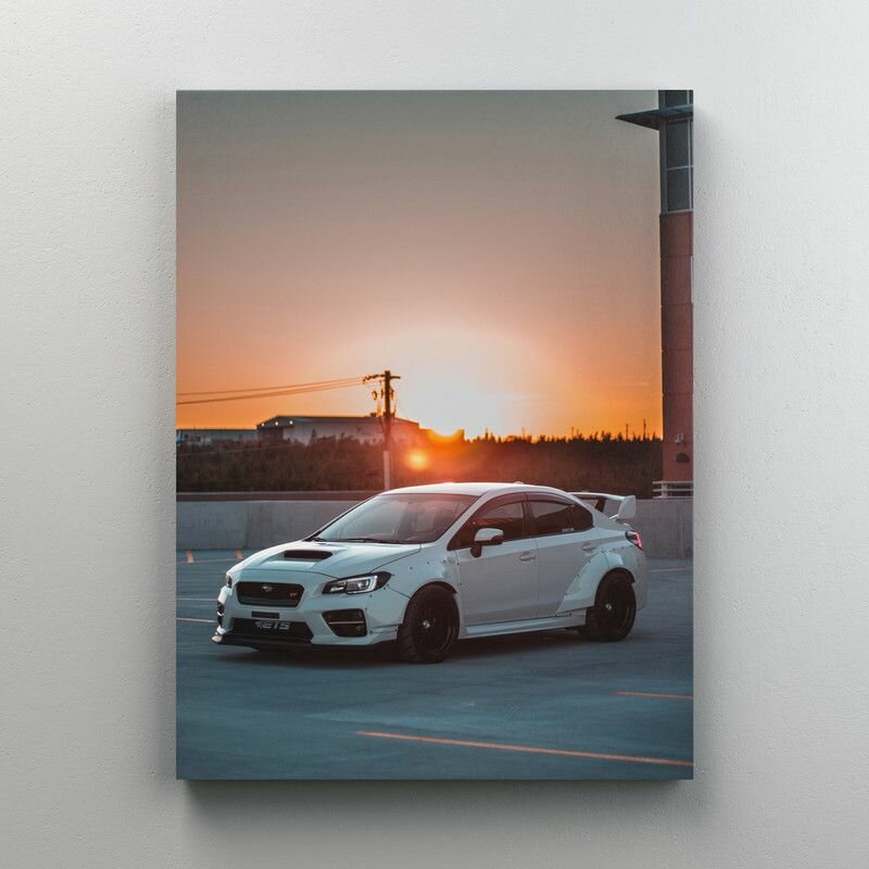 Интерьерная картина на холсте "Белый Subaru WRX - спортивный авто на закате" размер 22x30 см