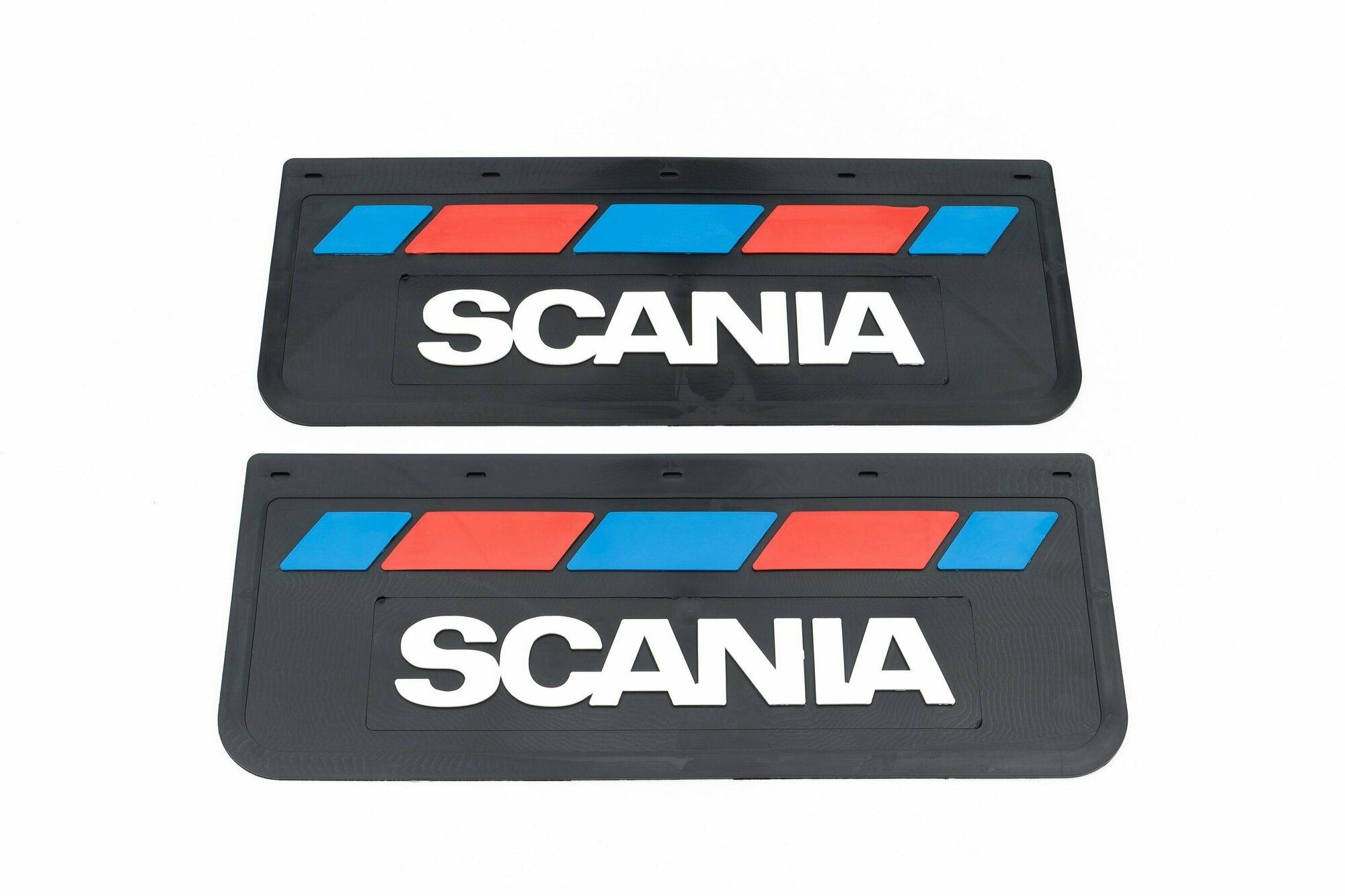 Брызговики задние SCANIA черная резина LUX PRO с белой надписью и красно-синей полосой 670*270