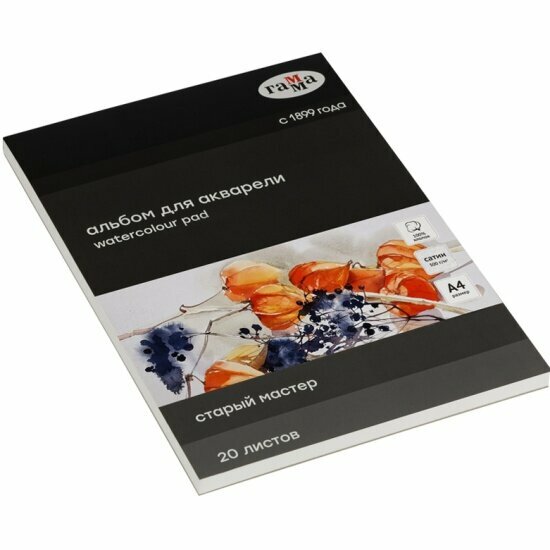 Альбом для акварели Гамма 20л, А4, склейка с 4-х сторон "Старый Мастер", 300г/м2, сатин, 100% хлопок