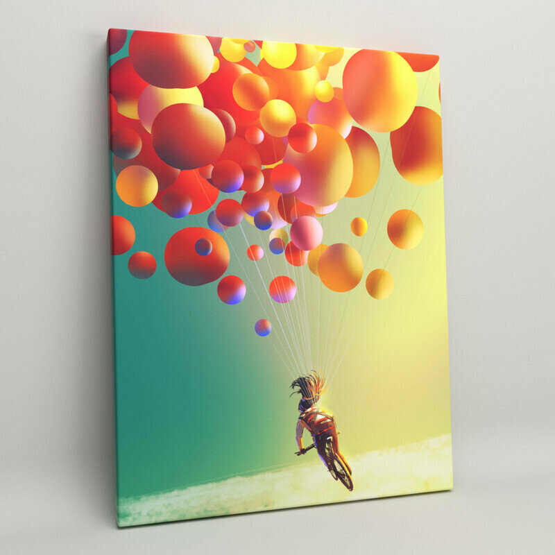 Картина на холсте (интерьерный постер) "Девушка на велосипеде летящая на воздушных шарах", с деревянным подрамником, размер 22x30 см