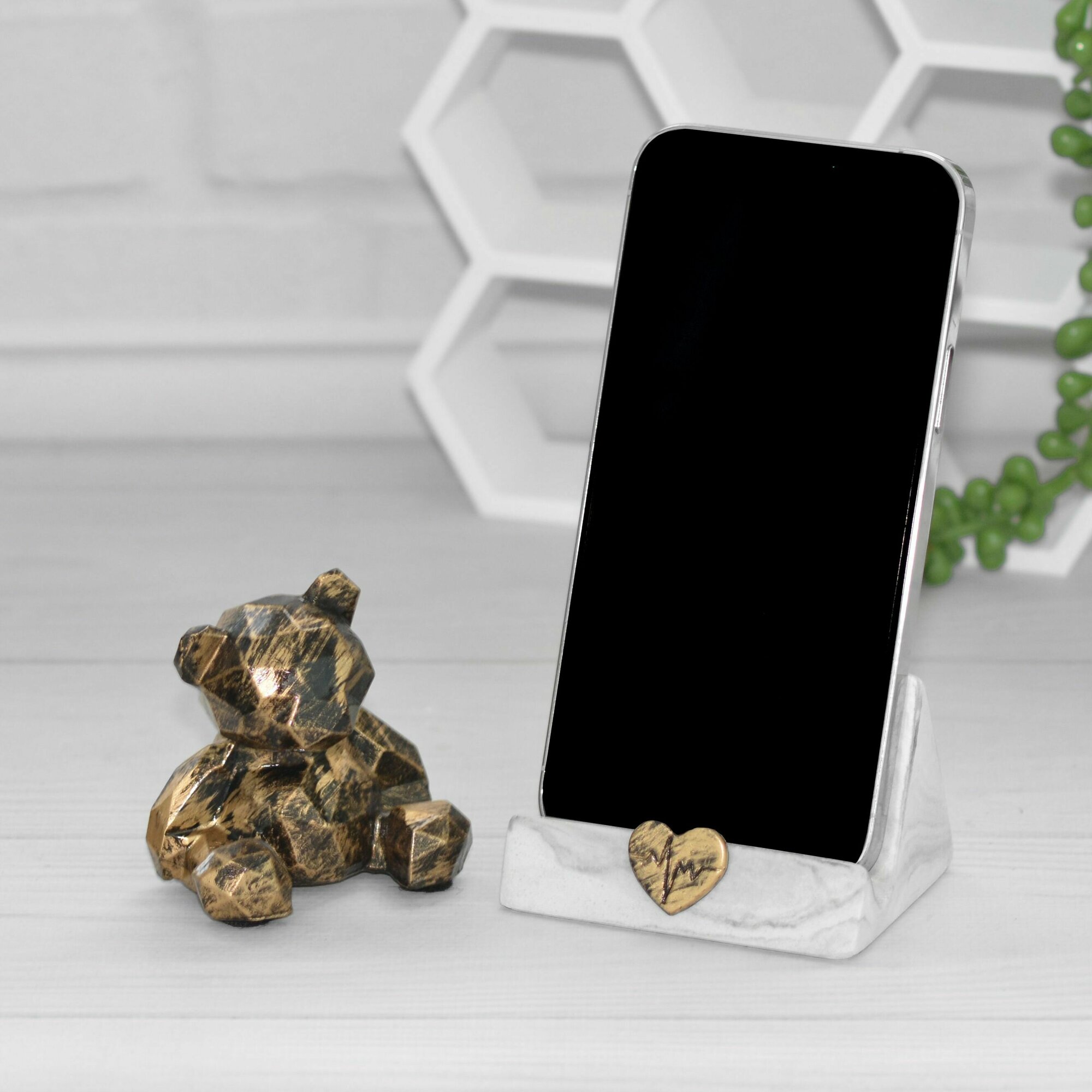 Подарочный набор: Фигурка Мишка и подставка для телефона // Цвет черное золото