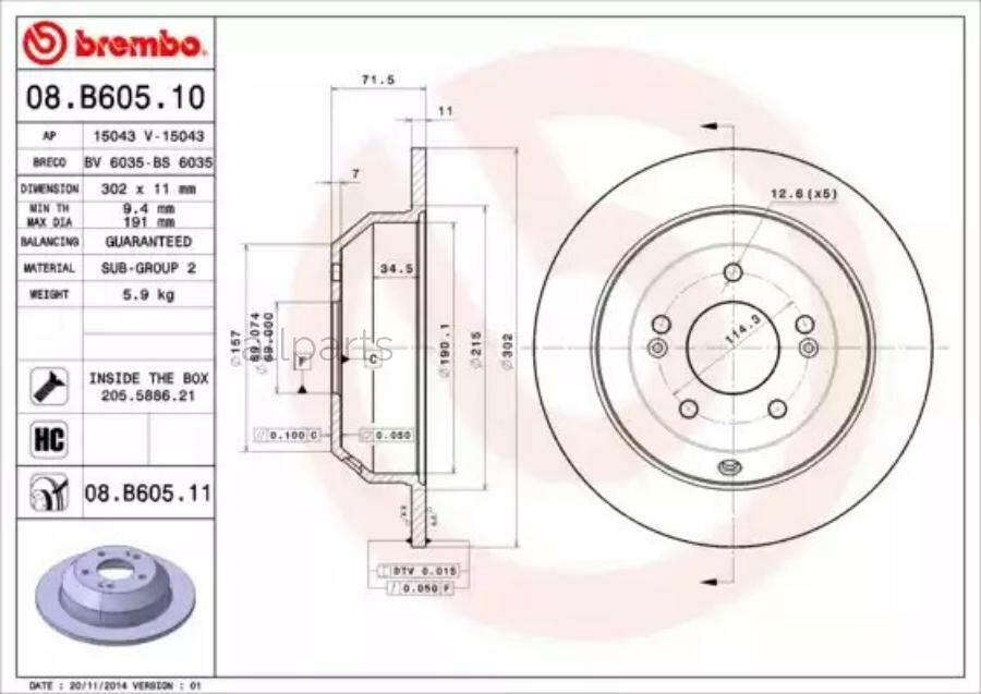BREMBO 08. B605.10 Диск тормозной задний HYUNDAI SANTA FE 12->/KIA SORENTO 10-> /D=302MM BREMBO 08. B605.10