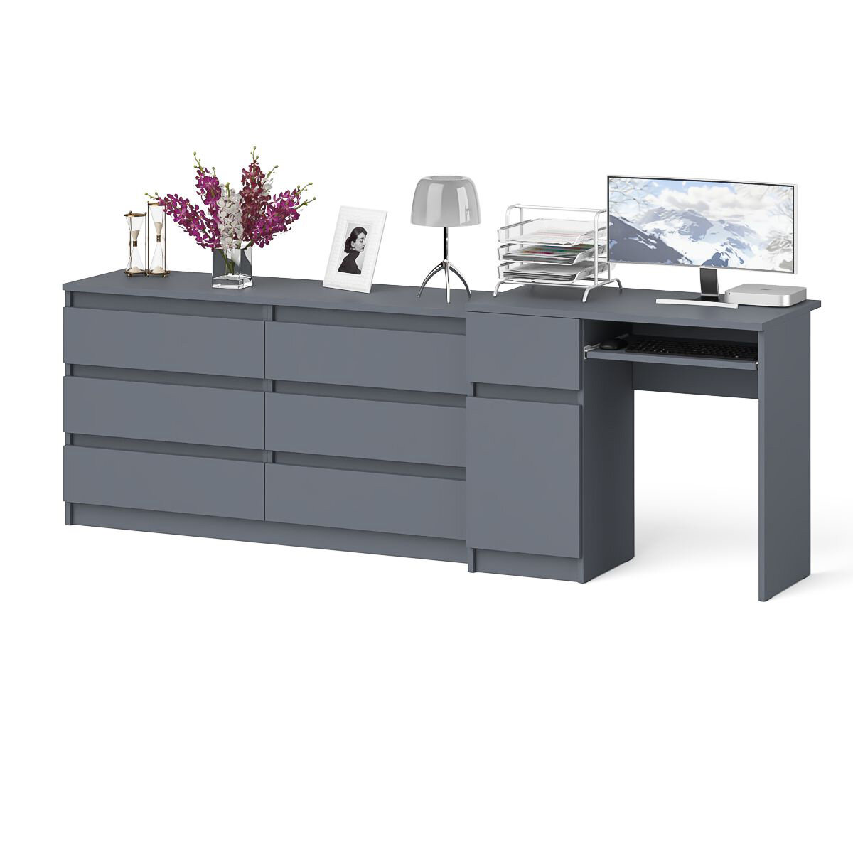 Комод 6-ть ящиков СВК Мори 1380 и стол компьютерный дверка и ящик слева цвет графит, 228х50х76,6 см.