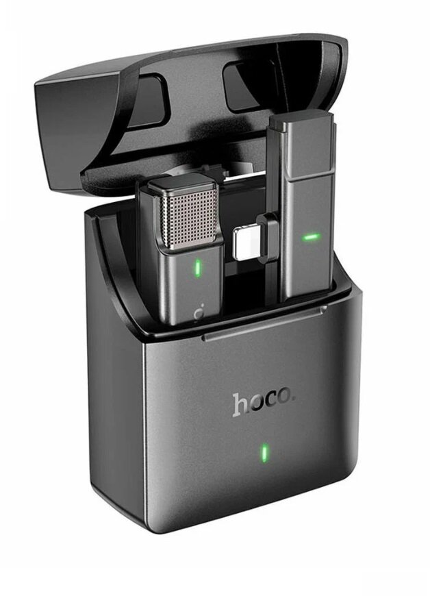 Беспроводной микрофон Hoco S31 Stream, Lightning 8-pin, 2.4G, зарядный бокс, серый