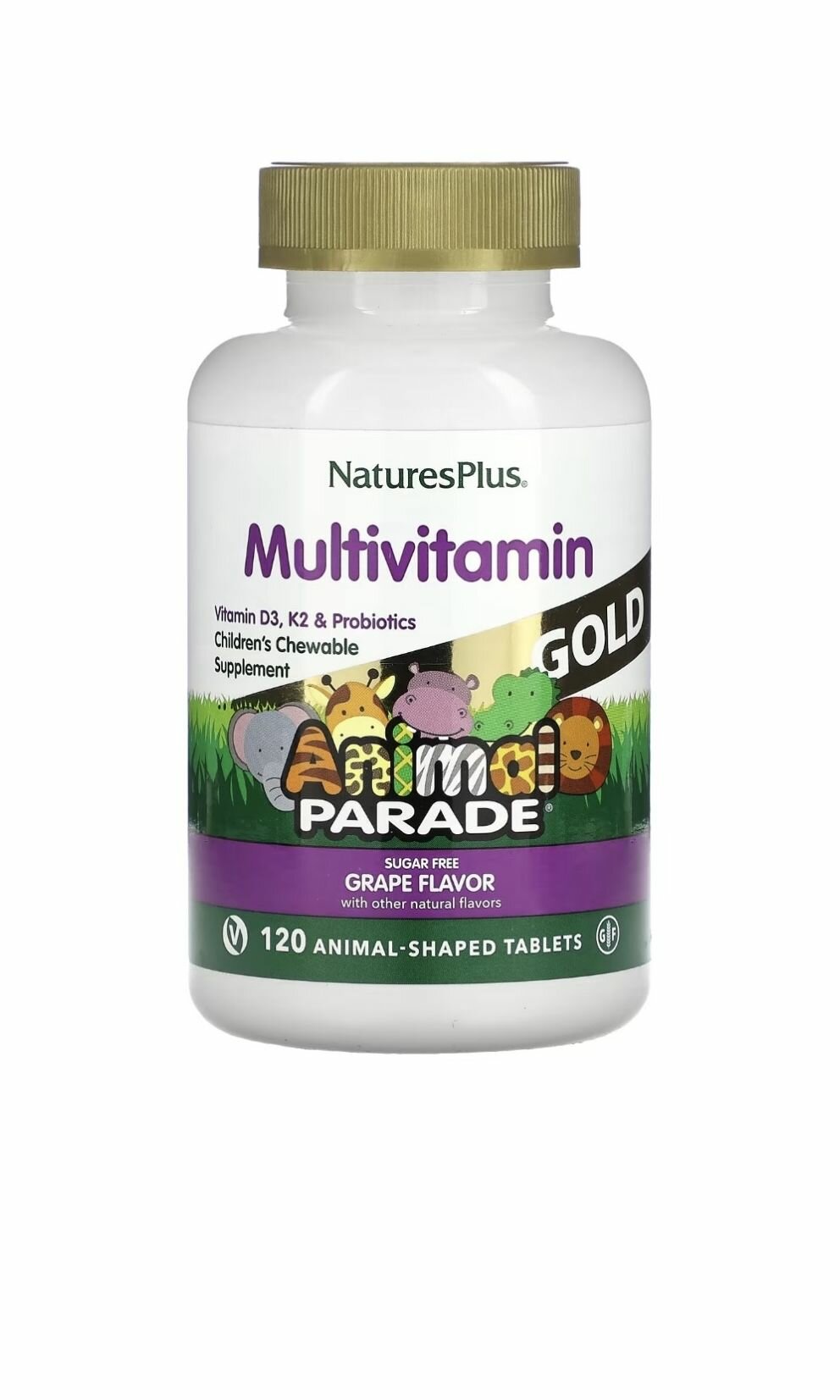 Детские Мультивитамины с Пробиотиками NATURESPLUS Multivitamin Animal Parade Gold 120 таблеток (Виноград)
