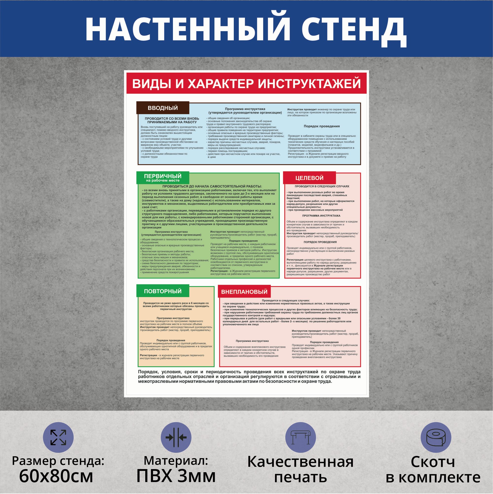 Информационный стенд по охране труда "Виды и характер инструктажей" (600х800мм)