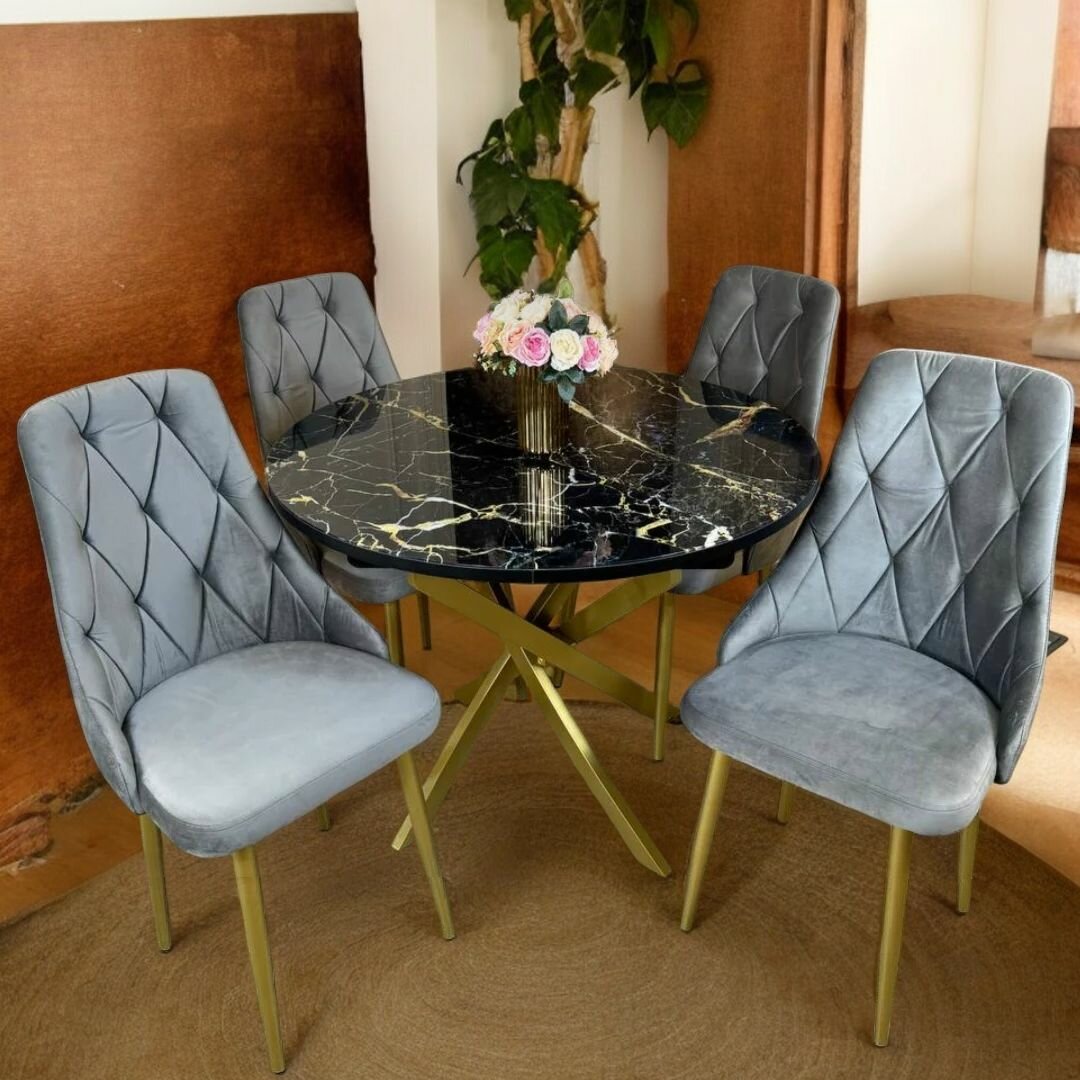 Обеденная группа NGVK Лакшери черный мрамор стулья Кресло серые
