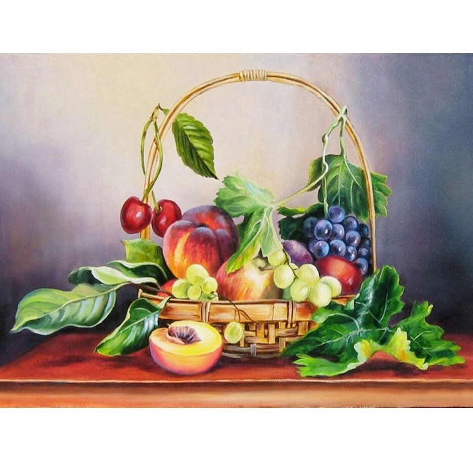 Алмазная мозаика на подрамнике/Картина стразами/ Алмазное хобби "Натюрморт. Корзина с фруктами" 40х50 см, сложность 5, цветов 22/ Komas