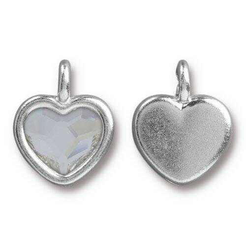 Подвеска 16.5х13мм, TierraCast, сердце с кристаллом Swarovski, с поперечной петелькой, базовый материал - оловянный сплав, родий, 1 шт.