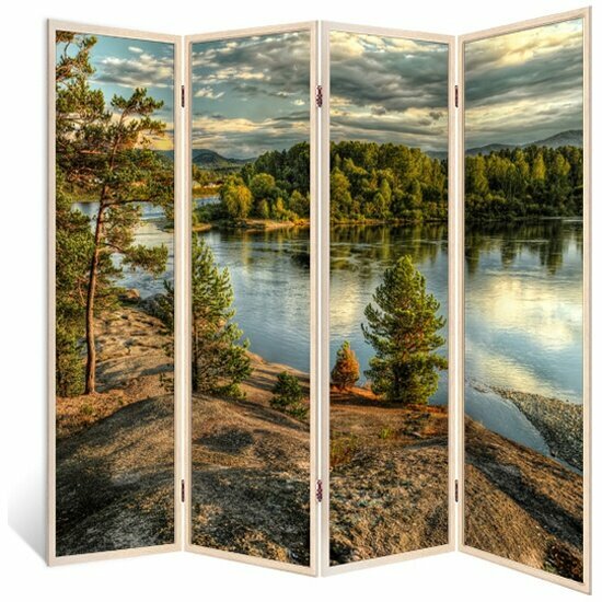 Ширма перегородка Декор Депо для комнаты деревянная "Енисей" двухсторонняя с картинкой (природа) 4 створки кремовый дуб 176х185 см 14 кг