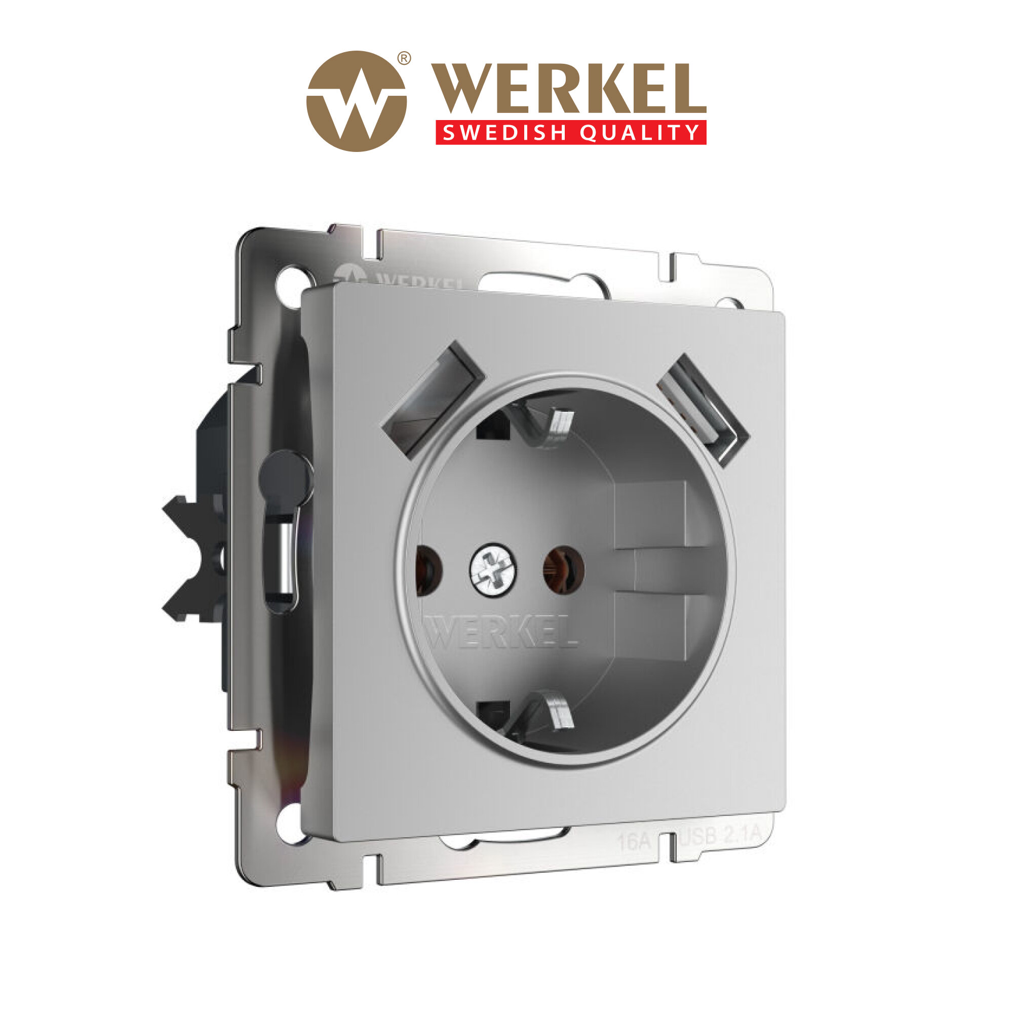 Розетка с заземлением, шторками и USBх2 серебряный W1171506