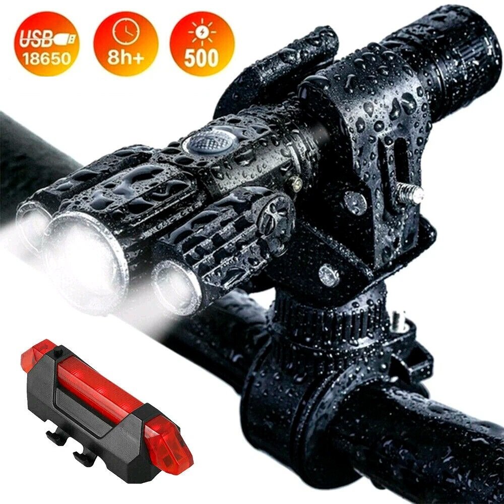 Фонарик велосипедный на руль Kesen, 3 LED, 500 люмен, с кронштейном и USB зарядкой, в комплекте с задним фонарем