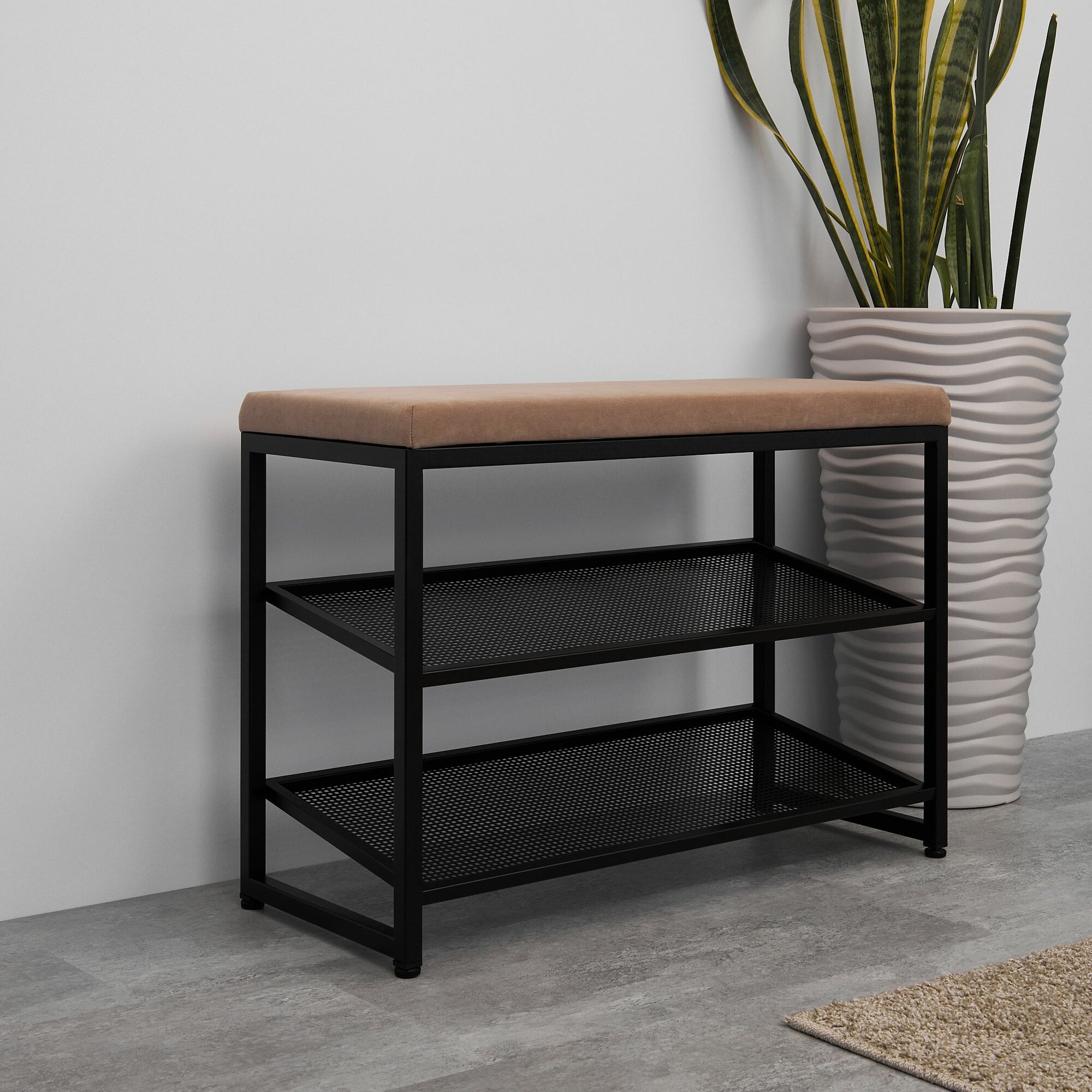 Обувница с мягким сиденьем "Дия" / 75х30х52см / черный каркас - темно-бежевый велюр