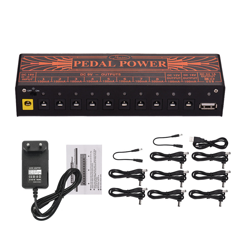 Компактная станция питания для гитарных эффектов Rowin с 10 изолированными выходами постоянного тока для педалей 9 В, 12 В, 18 В и выходом USB 5 В